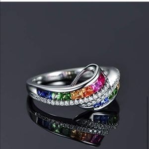 Jewelry | New 18k Gold Inlaid Diamond Rainbow Colored Gemstone Row Ring ...